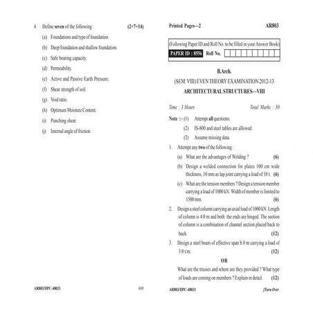 Ar803 Architectural Structure Question Paper-2013 | PDF