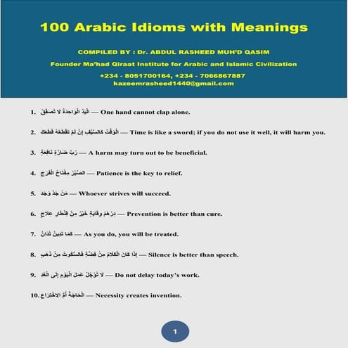 100 Arabic Idioms with Meanings: Wisdom and Life Lessons | PDF