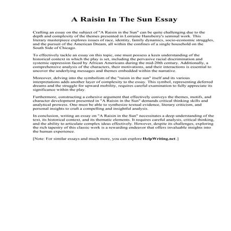 A Raisin In The Sun Essay. Sentara College of Health Sciences | PDF