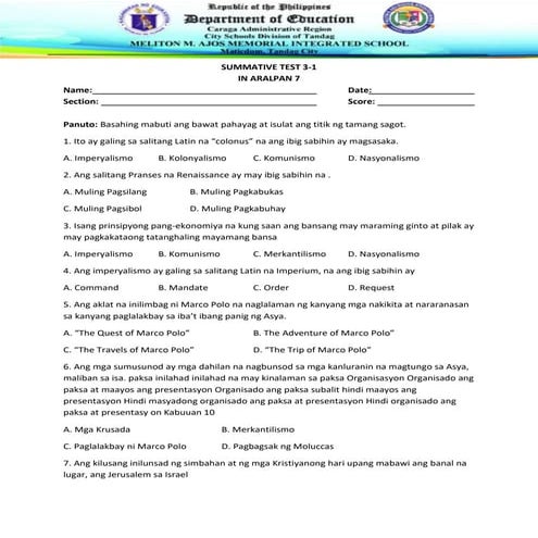 Ap 7 3rd quarter exam | DOCX