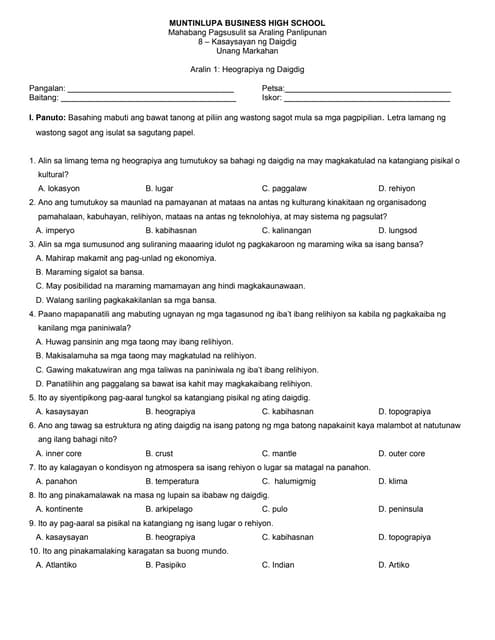 Araling Panlipunan Grade-8 - Learning Module - Quarter 1 - Module 1 | PDF