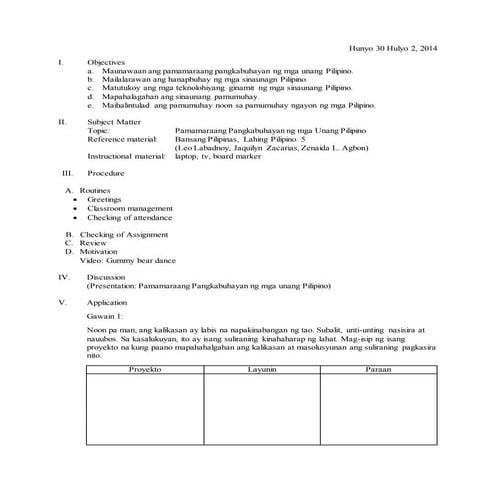 Lesson Plan - Aralin 3 Pamaraang Pangkabuhayan ng mga Unang Pilipino | DOCX