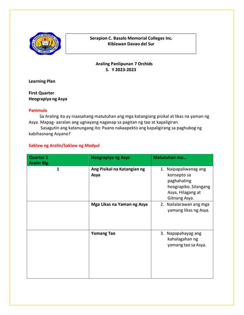 MATATAG LESSON PLAN IN ARALING PANLIPUNAN 7 | PDF