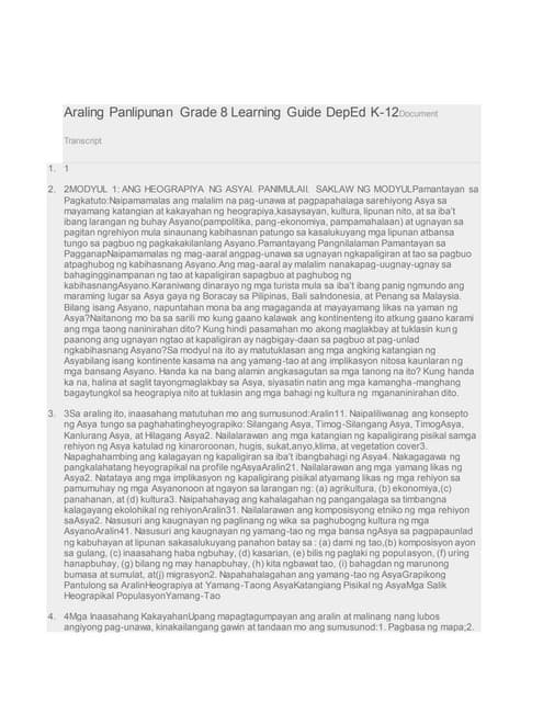 Araling Panlipunan GRADE 7 UNANG MARKAHAN EXAM | PDF