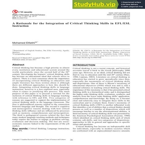 A Rationale For The Integration Of Critical Thinking Skills In EFL ESL Instruction | PDF ...
