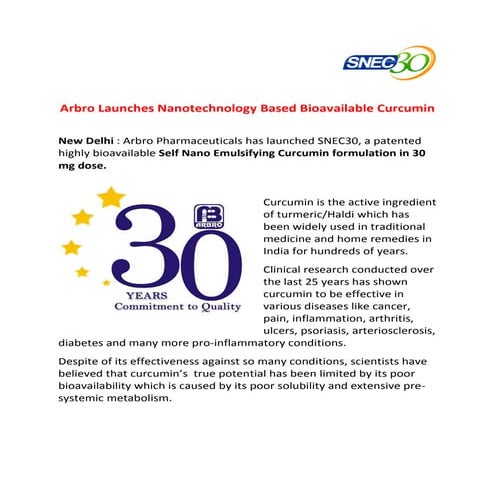 Arbro Launches Nanotechnology Based Bioavailable Curcumin | PDF