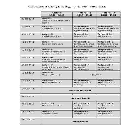 Arch 103 fundamentals of building technology timetable 2014-2015 | DOCX