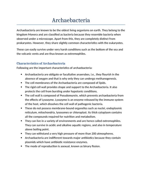 Archaea Bacteria (Methanogens, Halophiles, Thermophiles) | PDF