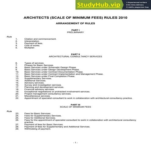 ARCHITECTS (SCALE OF MINIMUM FEES) RULES 2010 ARRANGEMENT OF RULES | PDF