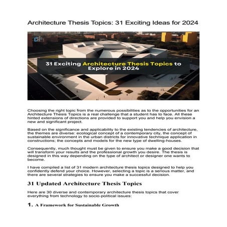 30 Exciting Architecture Thesis Topics to Explore in 2024. | PDF