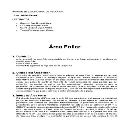 Area Foliar, indice de area foliar, metodos para su determinacion | DOCX