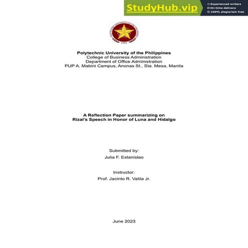 A Reflection Paper Summarizing Rizal S Speech In Honor Of Luna And Hidalgo | PDF