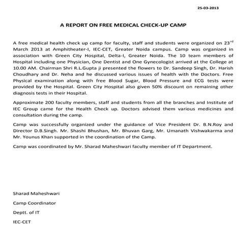 A Report of Free Medical Health Check Up Camp | PDF