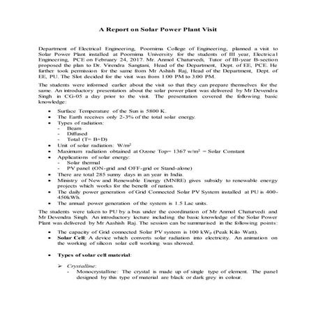 A report on solar power plant visit | DOCX
