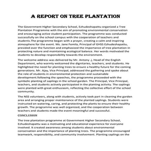 A Tree plantation program report- Govt HSS Ezhudesapattu | PDF