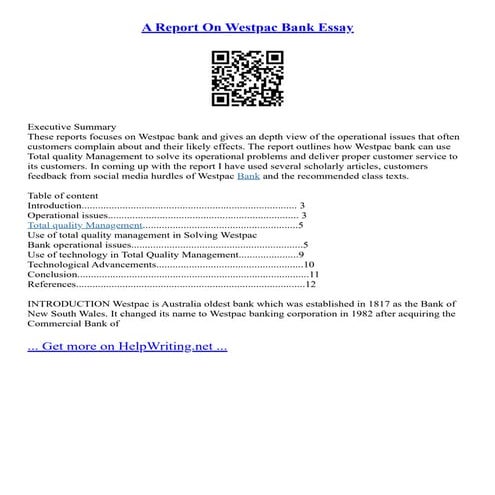 A Report On Westpac Bank Essay | PDF