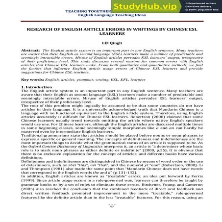 A Research Of English Article Errors In Writings By Chinese ESL Learners | PDF
