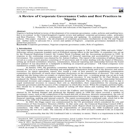 A review of corporate governance codes and best practices in | PDF