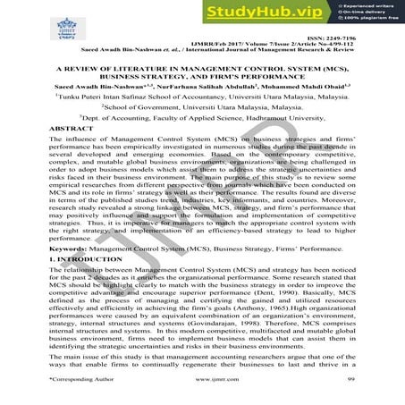 A REVIEW OF LITERATURE IN MANAGEMENT CONTROL SYSTEM (MCS), BUSINESS STRATEGY, AND FIRM S ...