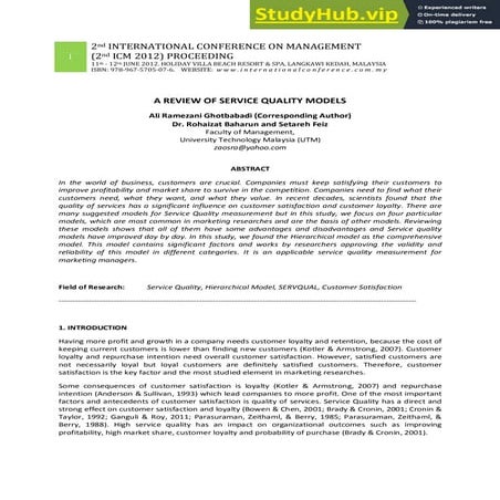 A REVIEW OF SERVICE QUALITY MODELS | PDF