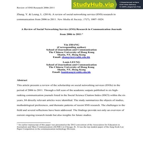 A Review Of Social Networking Service (SNS) Research In Communication ...