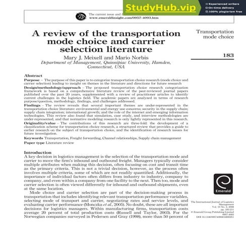 A Review Of The Transportation Mode Choice And Carrier Selection ...