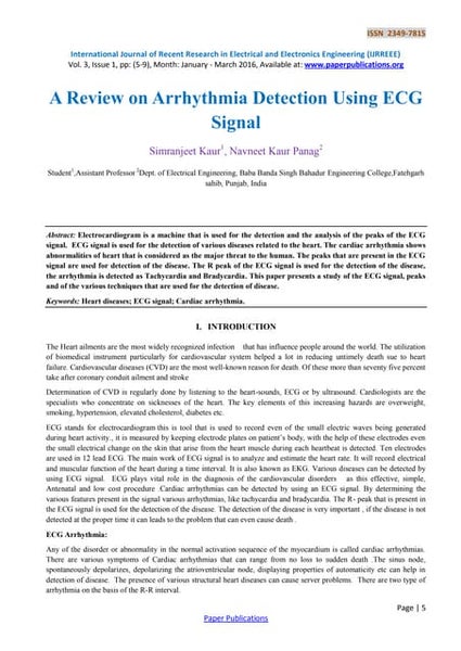 Classification Of Arrhythmia From Ecg Signals Using Matlab