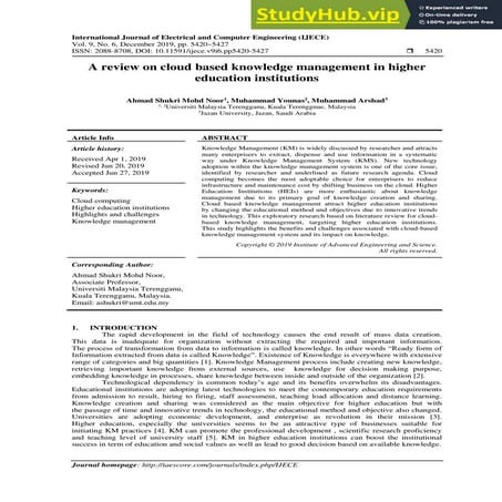 A Review On Cloud Based Knowledge Management In Higher Education Institutions | PDF