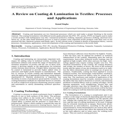 A review on coating & lamination in textiles processes and applications ...