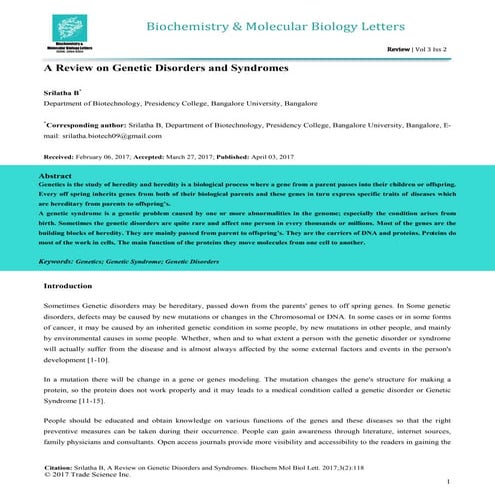 A review on genetic disorders and syndromes biochemistry and molecular ...