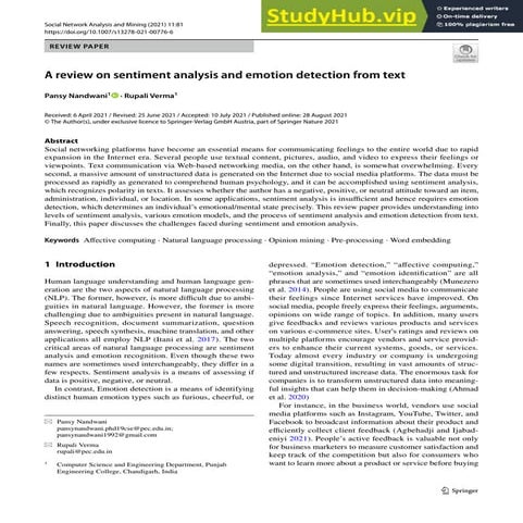 A Review On Sentiment Analysis And Emotion Detection From Text Pdf