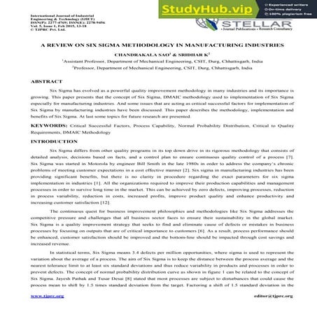 A REVIEW ON SIX SIGMA METHODOLOGY IN MANUFACTURING INDUSTRIES | PDF