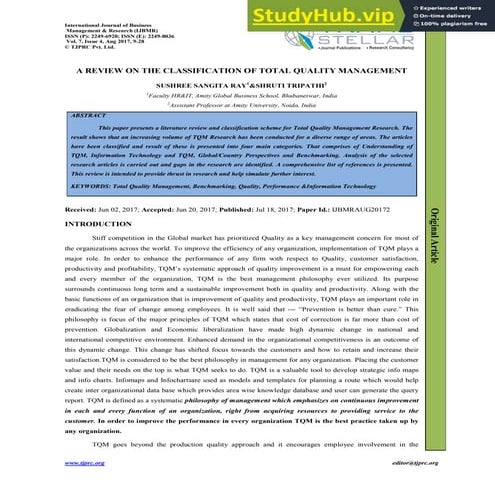 A REVIEW ON THE CLASSIFICATION OF TOTAL QUALITY MANAGEMENT | PDF ...