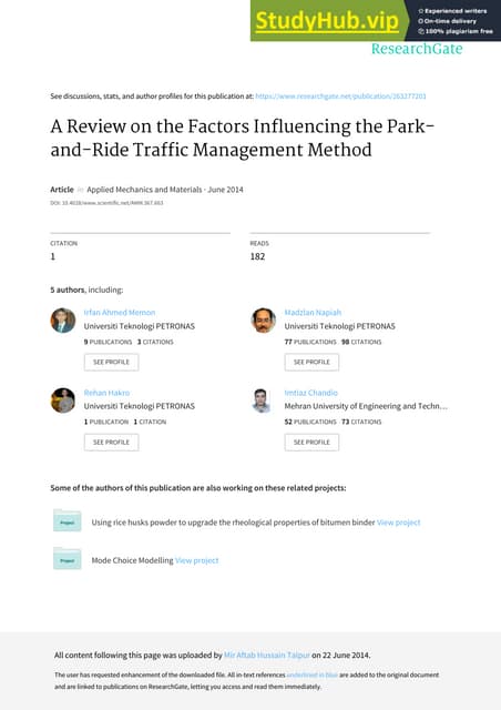 Factors Influencing the Demand of Park and Ride in Traffic Management ...
