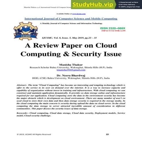 A Review Paper On Cloud Computing Amp Security Issue | PDF