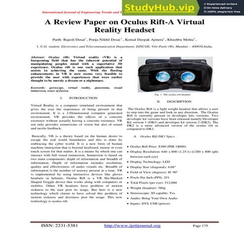 A Review Paper On Oculus Rift-A Virtual Reality Headset | PDF