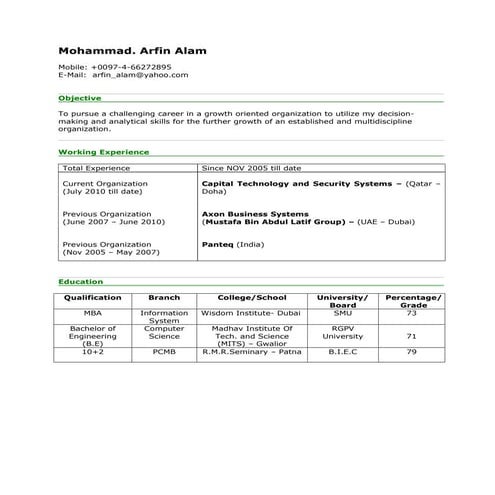 Resume ( Arfin Alam Engg....... Low Current System Sales/ 8 Yrs Exp ...