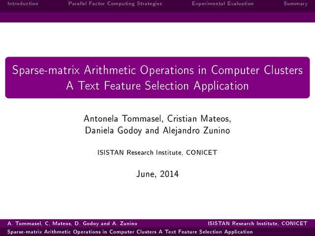 Sparse Matrix Arithmetic Operations In Computer Clusters A Text Feature