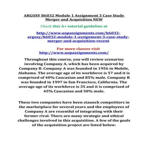Argosy b6032 module 1 assignment 3 case study merger and acquisition new | PDF