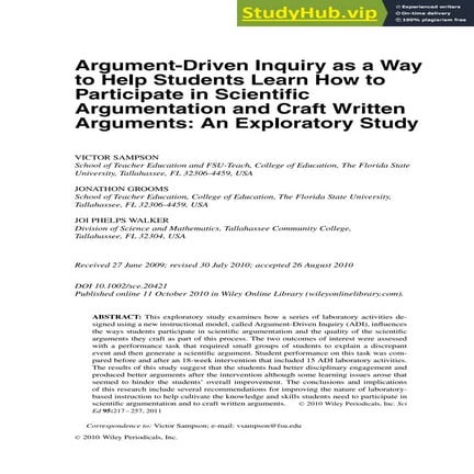 Argument-Driven Inquiry as a way to help students learn how to participate in scientific ...