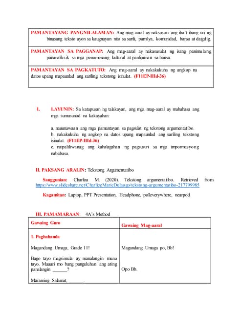 Banghay Aralin sa Filipino 11 Pagbasa at Pagsusuri ng Teksto Tungo sa Pananaliksik | PDF