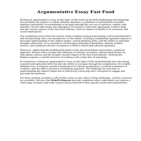 Argumentative Essay Fast Food. Southwestern Christian University | PDF