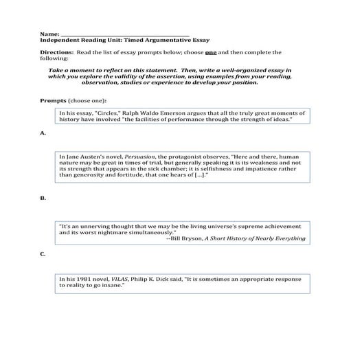 Argumentative essay prompt | DOCX | Homework and Study | Education