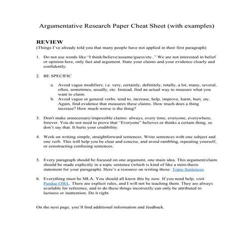 Argumentative research paper cheat sheet | PDF