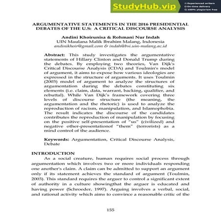 Argumentative Statements In The 2016 Presidential Debates Of The U S A Critical Discourse