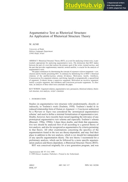 Argumentative Text As Rhetorical Structure An Application Of Rhetorical Structure Theorypdf