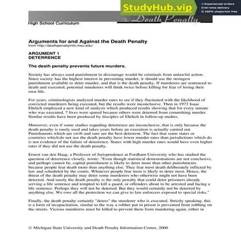 Arguments For And Against The Death Penalty ARGUMENT 1 DETERRENCE The ...