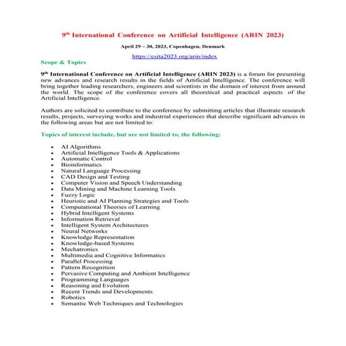 9th International Conference on Artificial Intelligence (ARIN 2023) | PDF | Free Download
