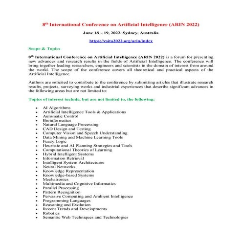 Call for Paper - 8th International Conference on Artificial Intelligence (ARIN 2022) | PDF