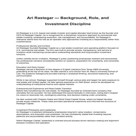 Ari Rastegar — Background, Role, and Investment Discipline | PDF